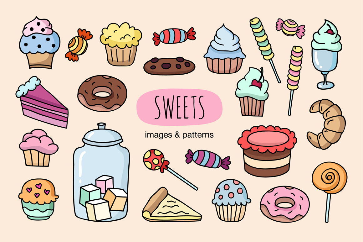 Hand drawn sweets & sweet patterns, a Food Illustration by Redchocolate
