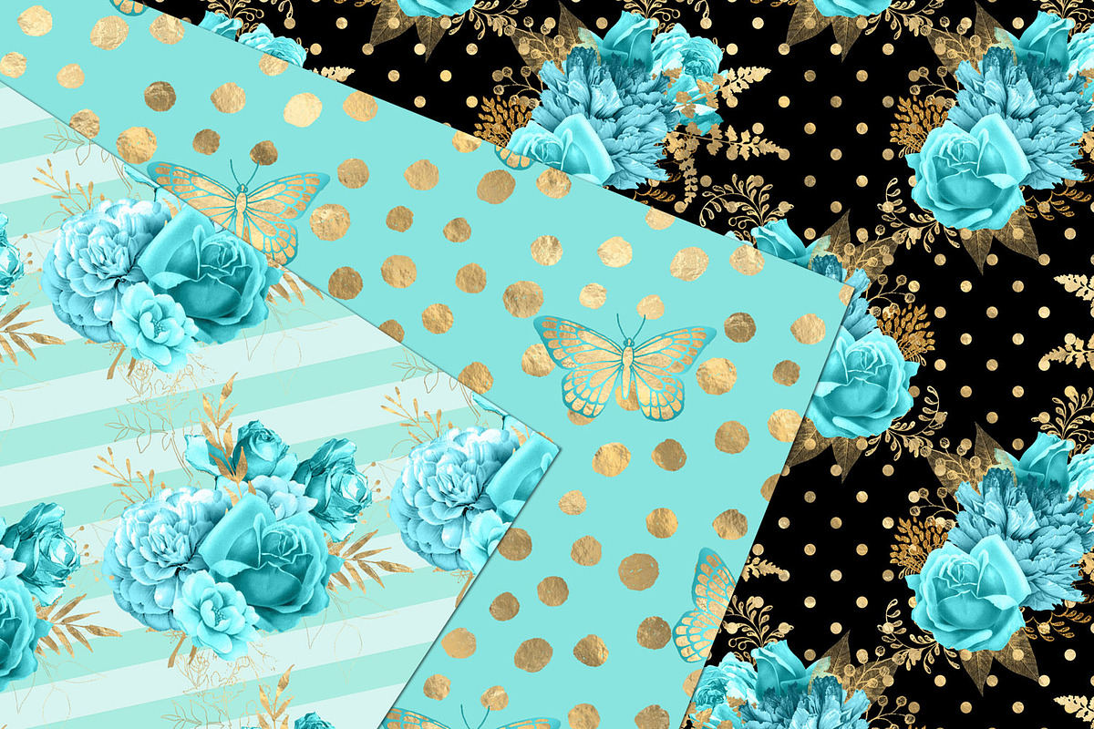 Aqua and Gold Floral Digital Paper, a Pattern Graphic by Digital Curio