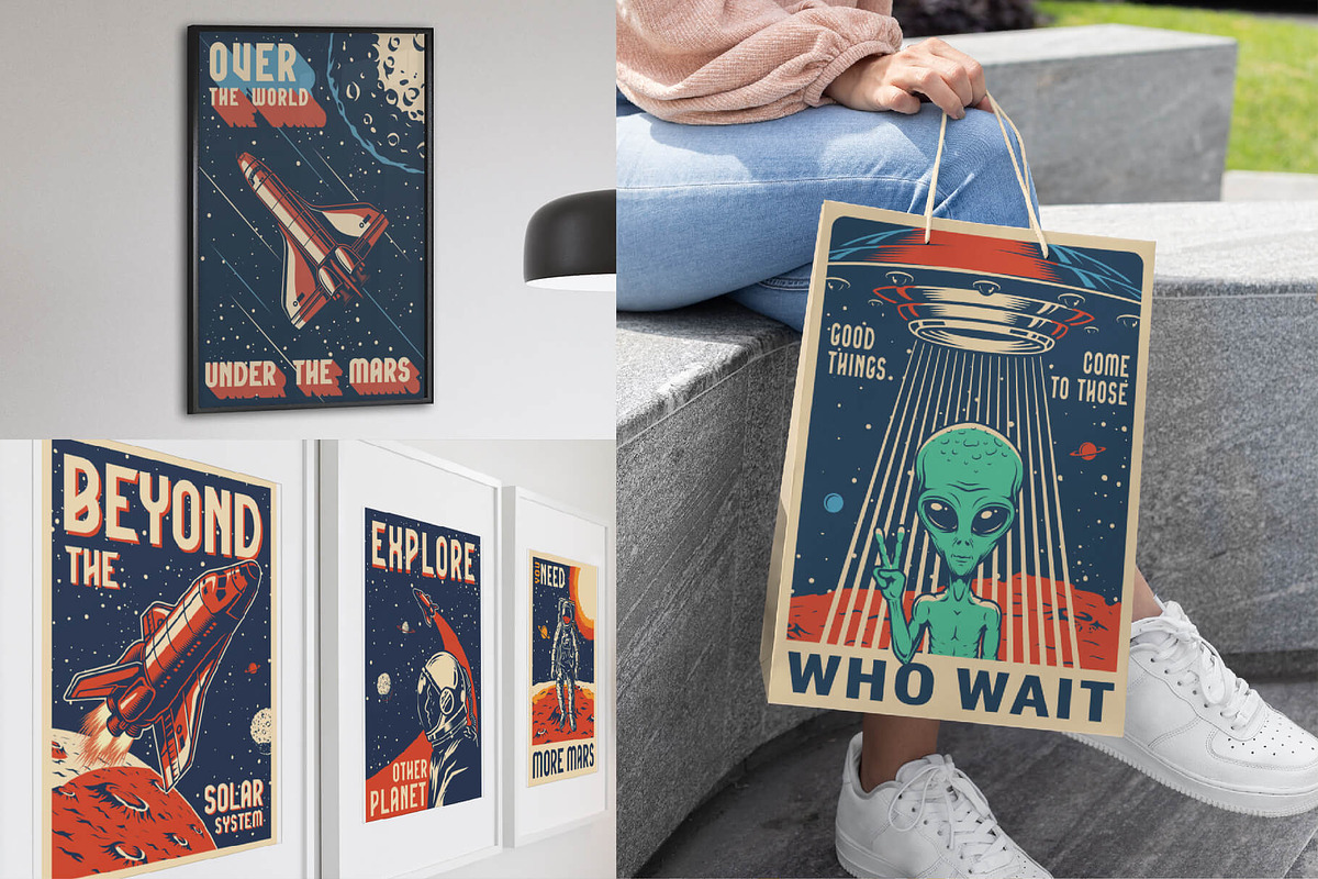 Retro space bundle of 18 posters | Creative Market