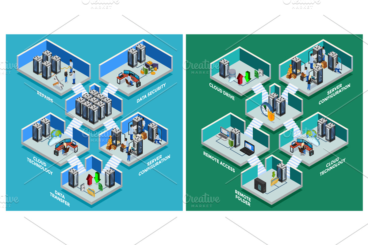 Isometric Datacenter Set, a Decorative Illustration by Macrovector | Creative Market