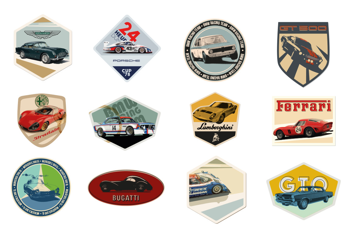 12 Vintage Automotive Badges, an Illustration by Liviu
