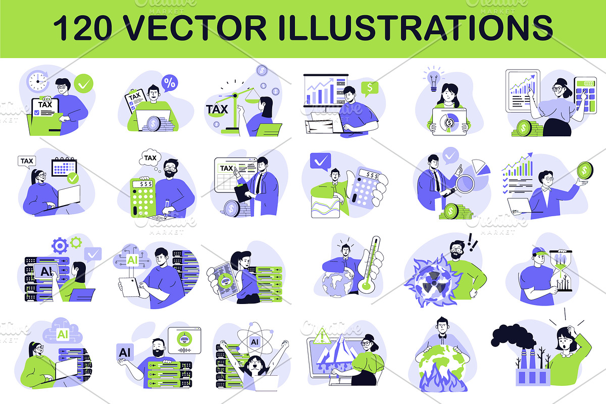 120 Flat Vector Illustrations, an Illustration by alexdndz