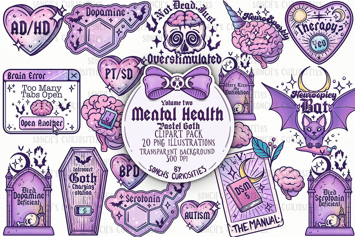 Mental Health Goth Clipart PNG pack, a Healthcare Illustration by Sonch ...