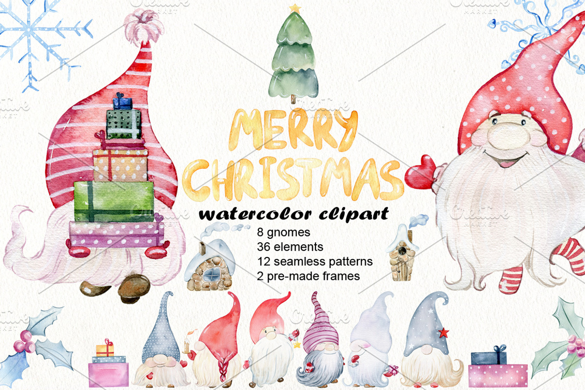 Christmas gnomes.Watercolor clipart., an Illustration by TaPilipa