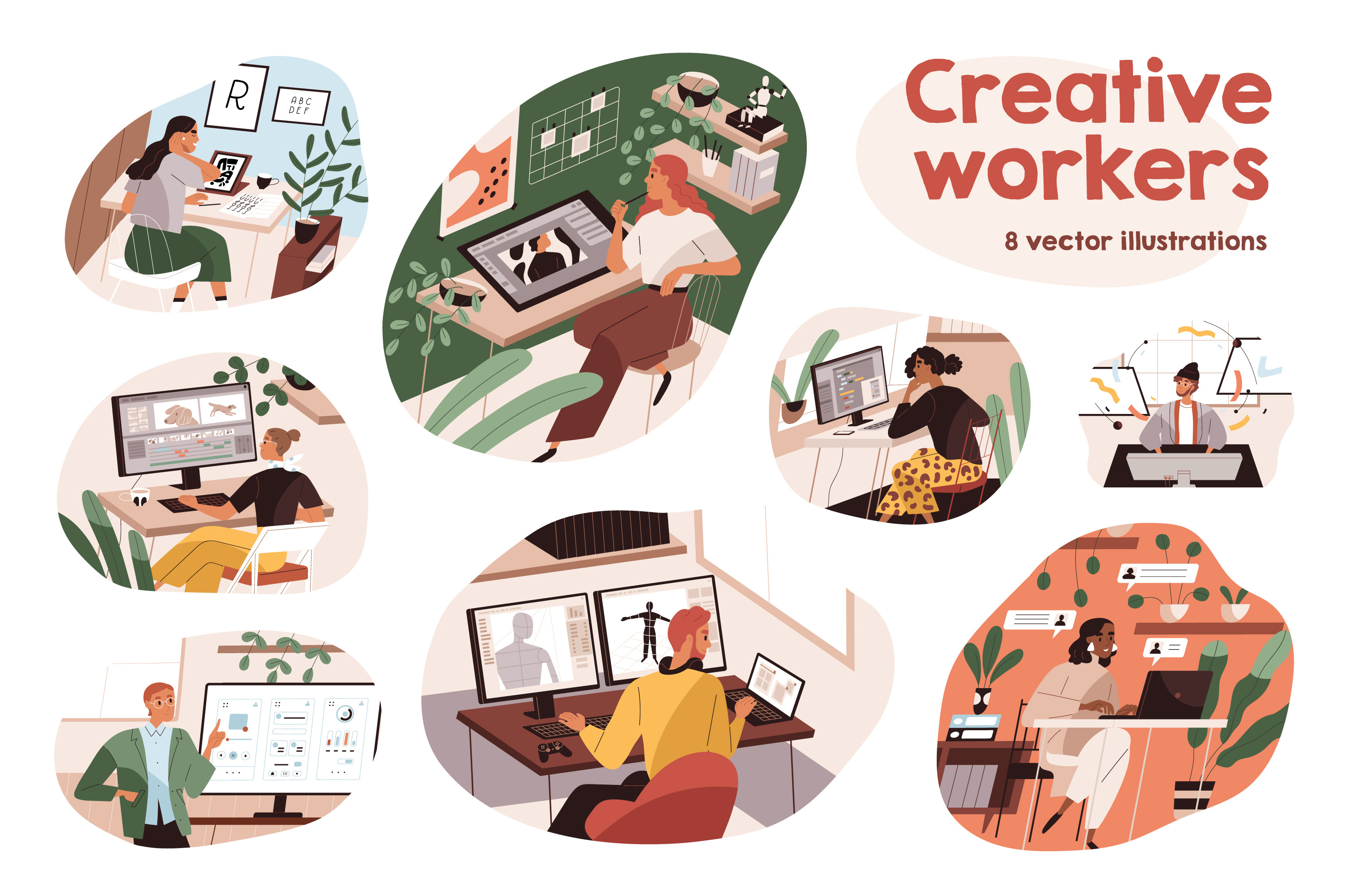Creative workers at work set, a Technology Illustration by Good Studio