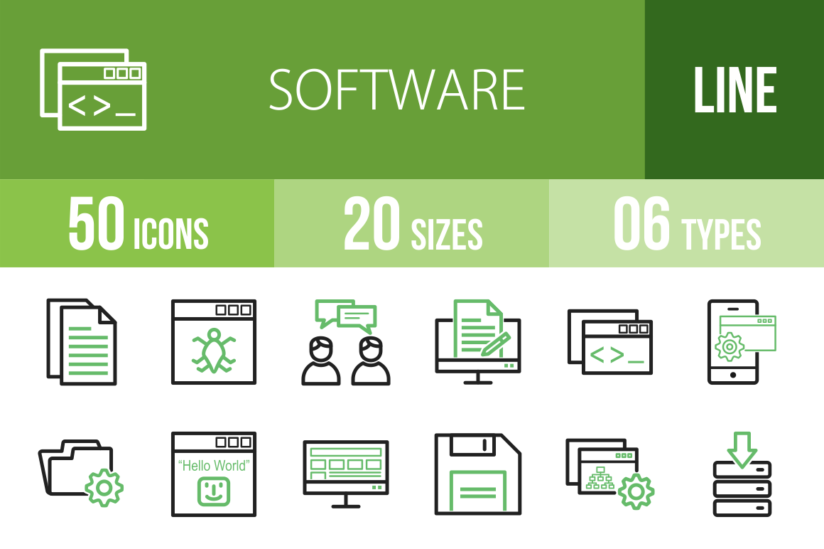 50 Software Line Green & Black Icons, an Outline Icon by IconBunny