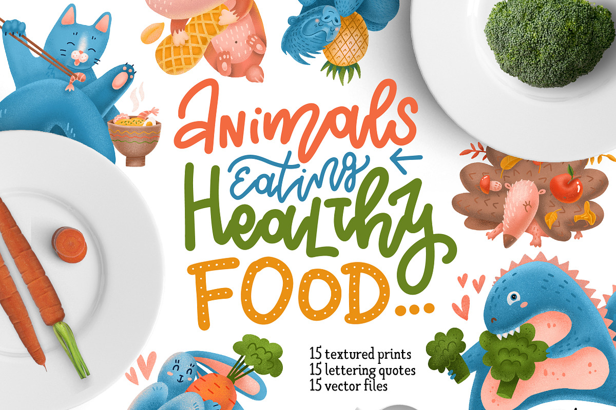 Animals eating healthy food CLIPART, an Animal Illustration by Lana Sham