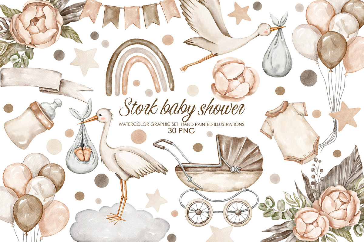 Watercolor stork baby shower clipart | Creative Market