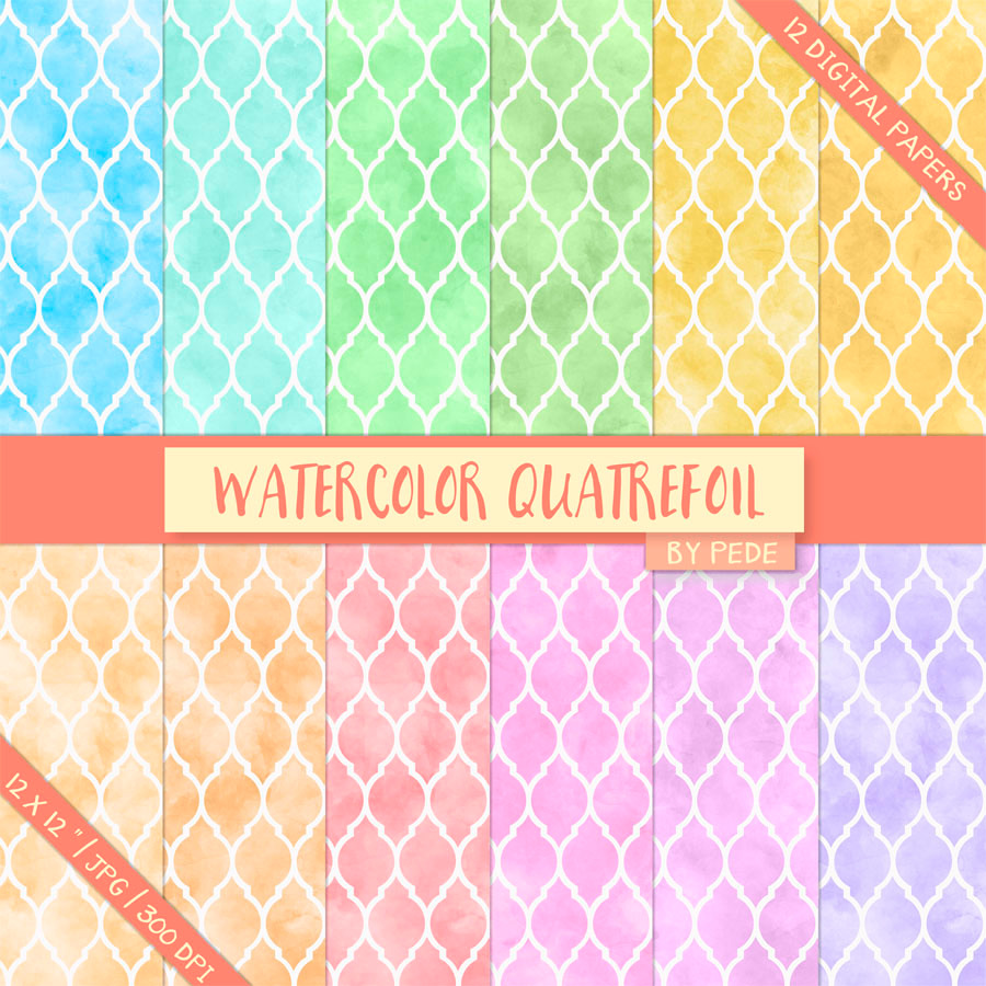 Watercolor quatrefoil digital papers, a Pattern Graphic by PeDe Designs