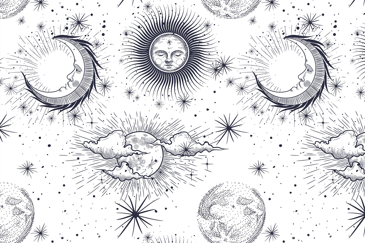seamless sun texture. engraving, an Illustration by Chikovnaya