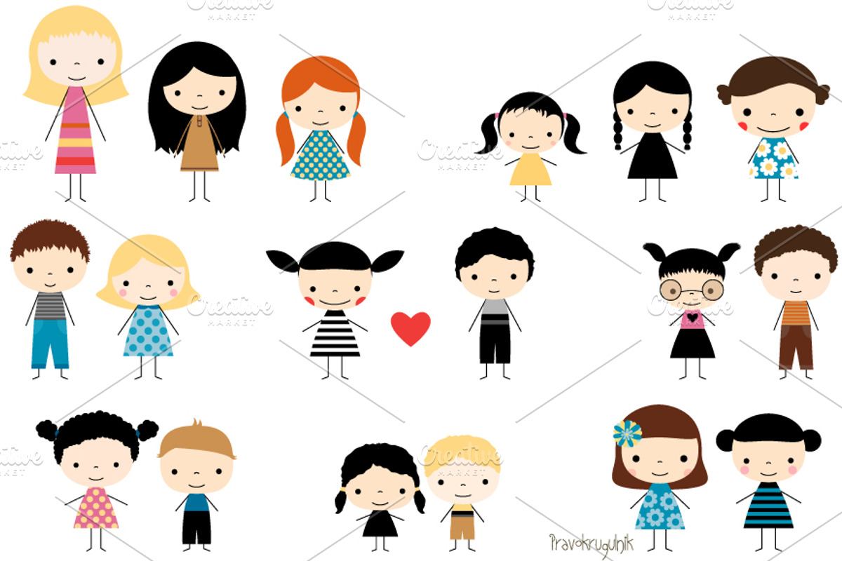 Cute kids stick figures set, a Decorative Illustration by Pravokrugulnik