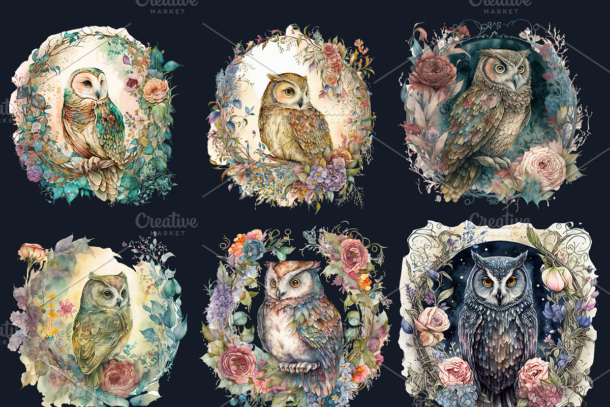 Watercolor Fantasy Floral Owls Clipart
