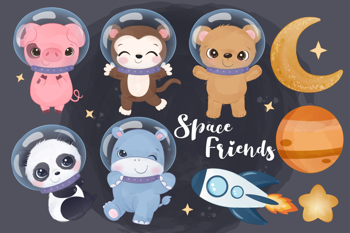 Cute Space Friends Clipart Set | Creative Market