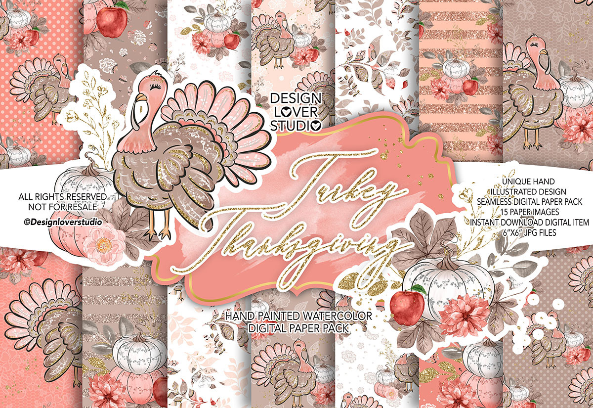 Turkey Thanksgiving digital papers, a Pattern Graphic by designloverstudio