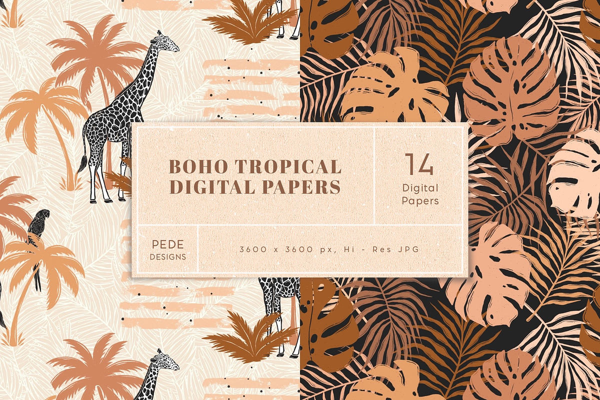 Boho Tropical Digital Papers, a Pattern Graphic by PeDe Designs