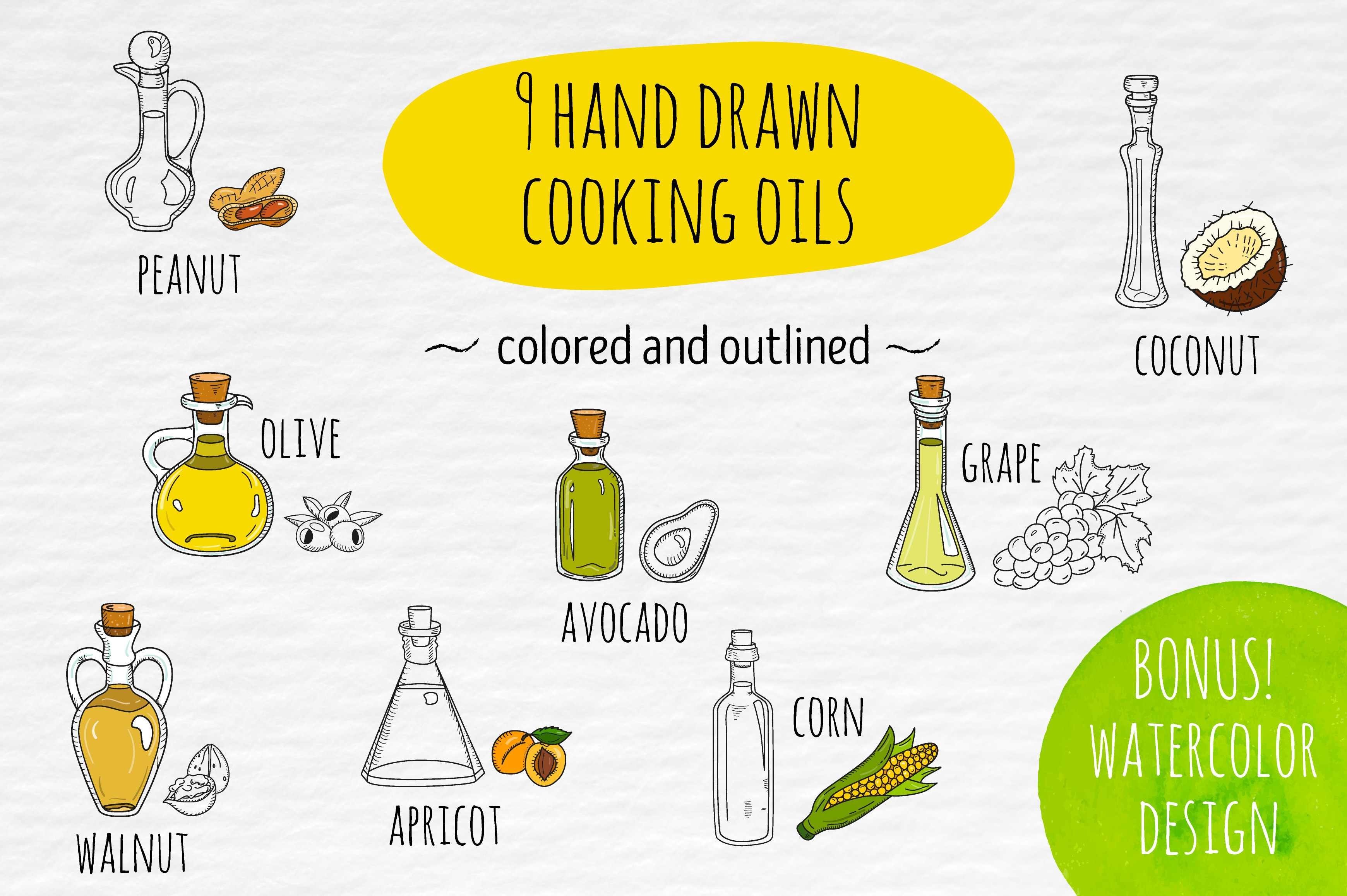 Hand drawn cooking and cosmetic oils, a Food Illustration by Yummy art ...