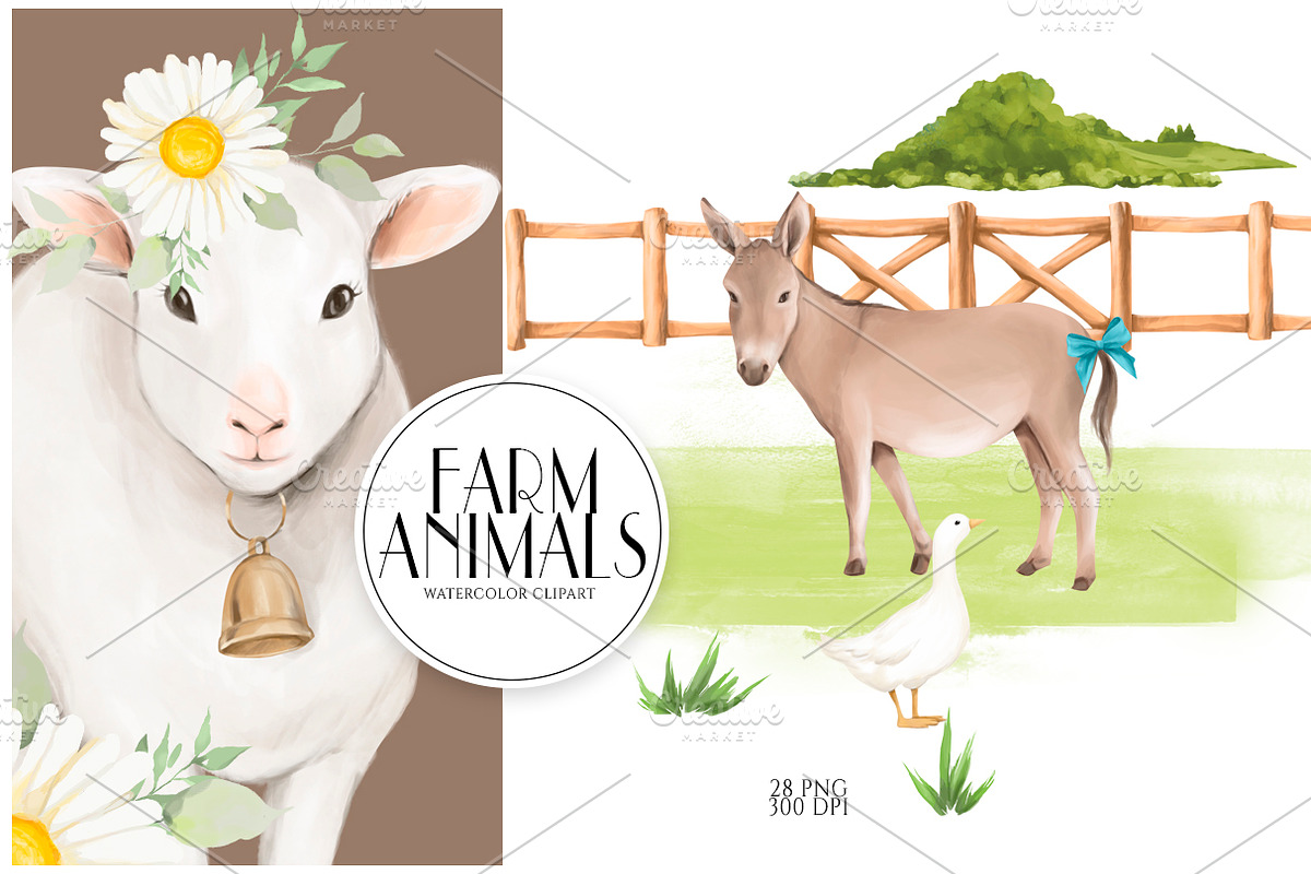 Watercolor Cute Farm Animals Clipart, an Animal Illustration by ...