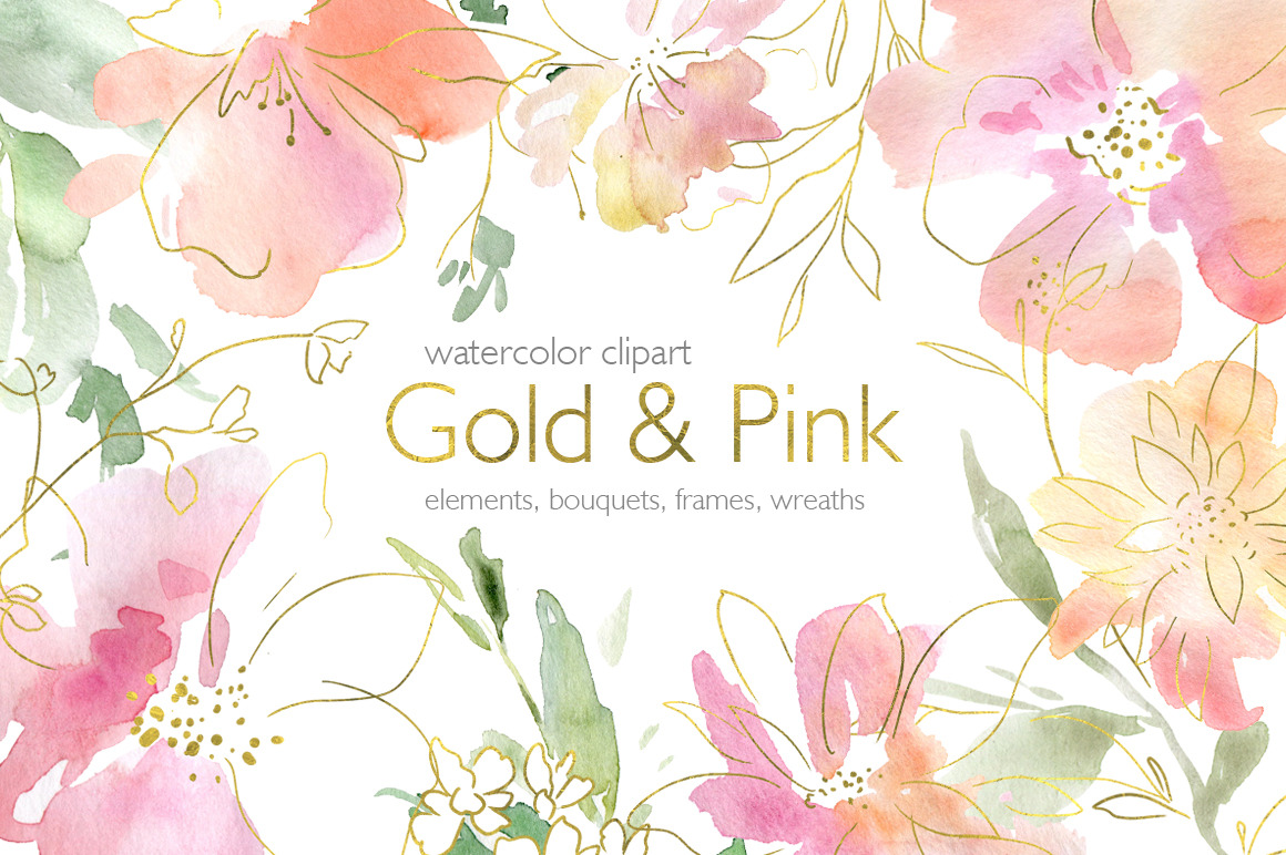 Pink Gold Watercolor Flowers Frames, an Illustration by GraphicsDish