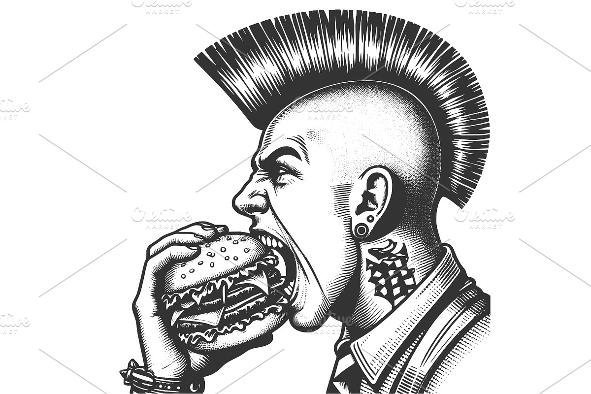 Punk Rocker Eating Burger engraving, a Person Illustration by AlexArt ...