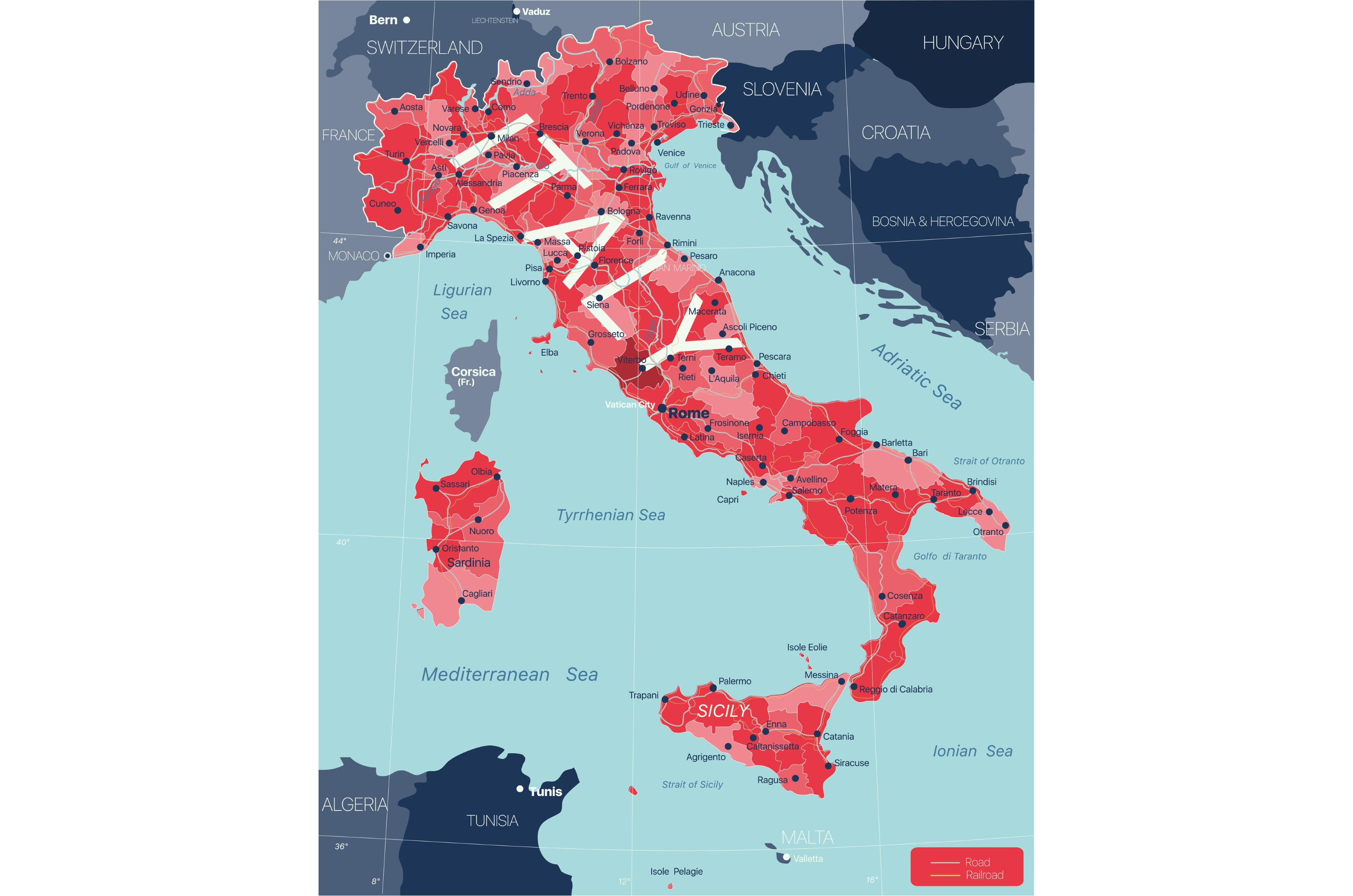 Italy country detailed editable map, an Illustration by Jan Jack Russo ...