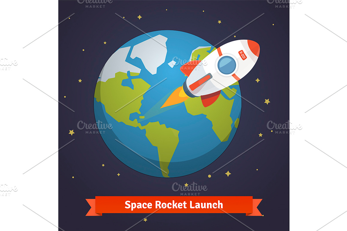 Cartoon space rocket, a Technology Illustration by Iconicbestiary