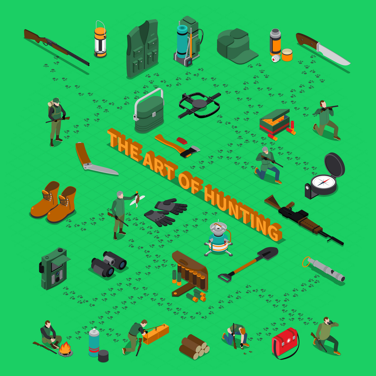 Hunting isometric flowchart, an Animal Illustration by Macrovector