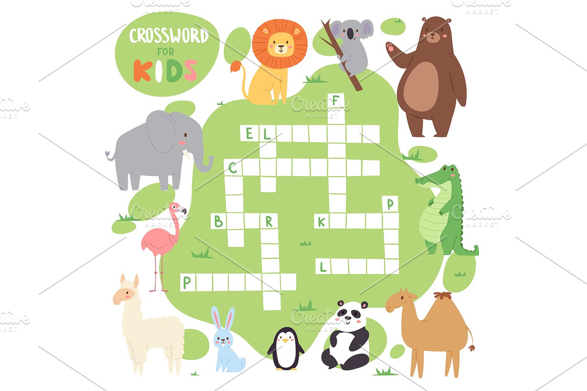 Kids magazine book puzzle game of forest animals logical crossword ...