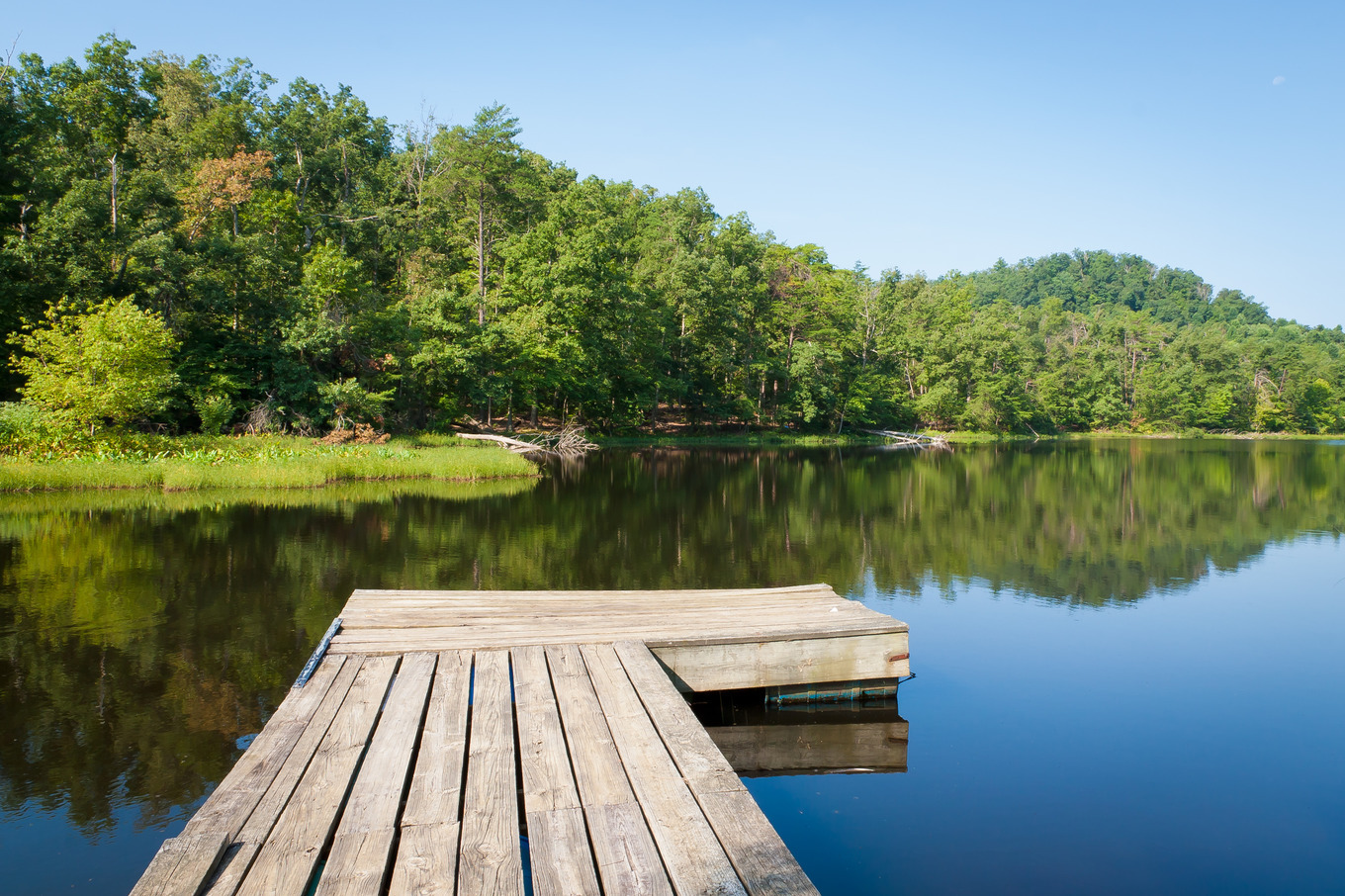 Small countryl lake featuring lake, blue, and boardwalk | Nature Stock ...