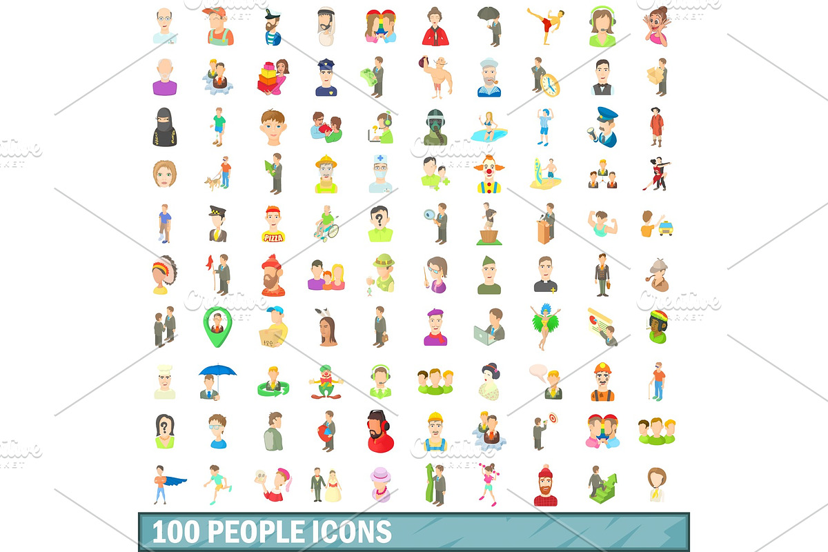 100 people icons set, cartoon style, a Person Illustration by Ylivdesign