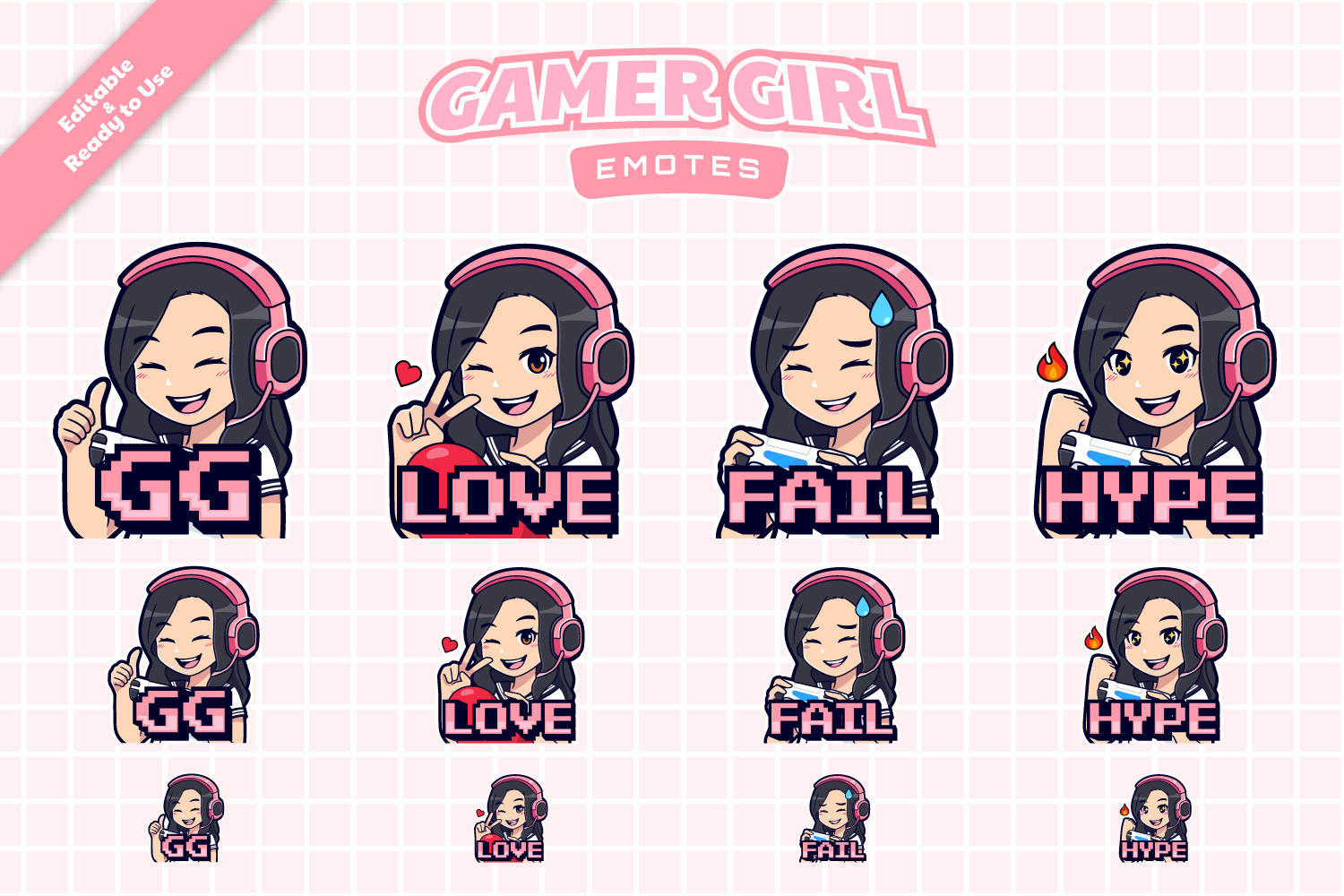 Gamer Girl Twitch Emotes Set, a Branding & Logo Template by tkzgraphic