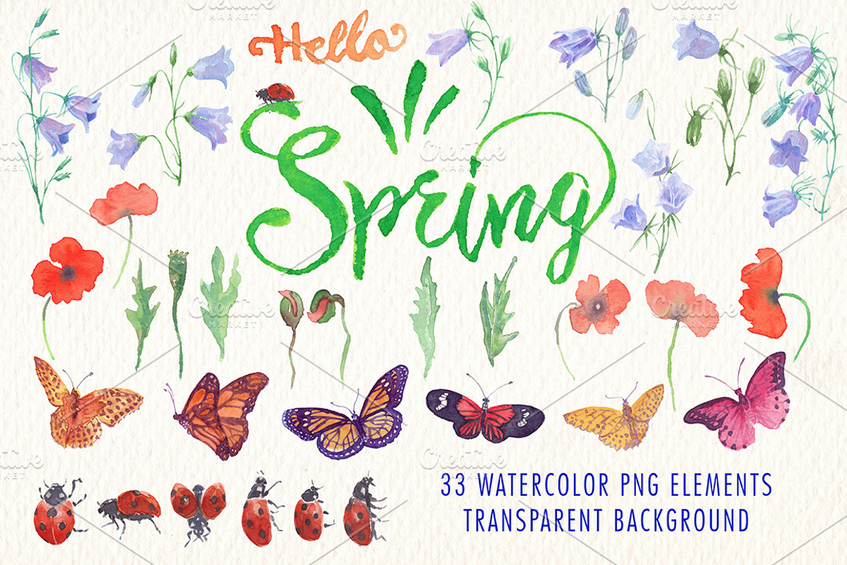 Spring watercolor clipart set, an Illustration by Art & Things