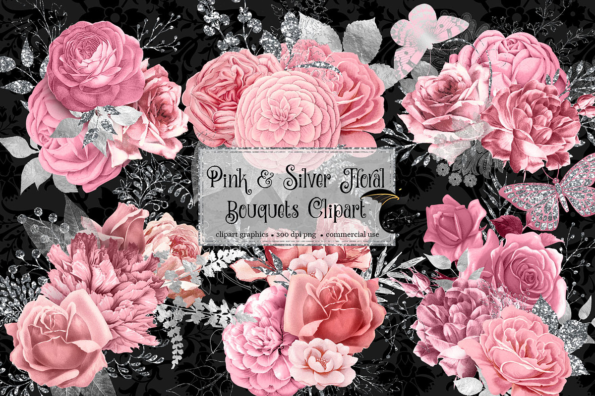 Pink and Silver Floral Clipart, an Illustration by Digital Curio
