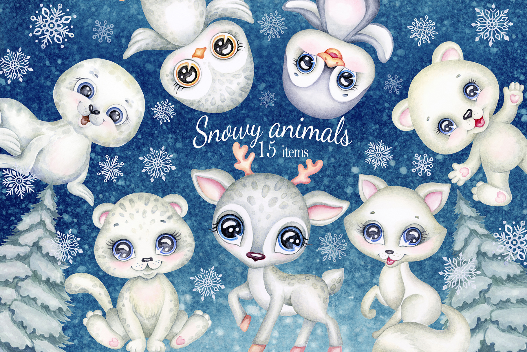 Set winter animals watercolor clipart | Creative Market