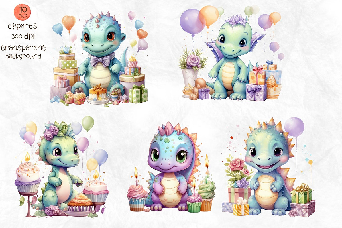 Dinosaur Birthday Watercolor Clipart, an Animal Illustration by Maysa Art