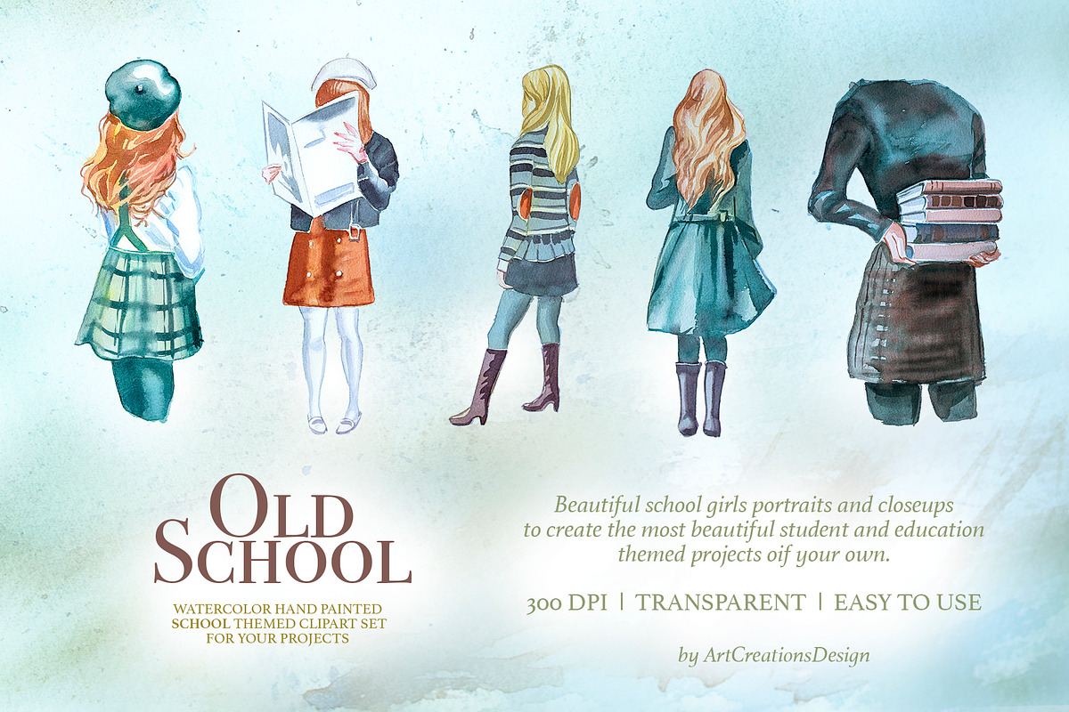 Watercolor Old School Clipart Set, a Seasonal Illustration by ...