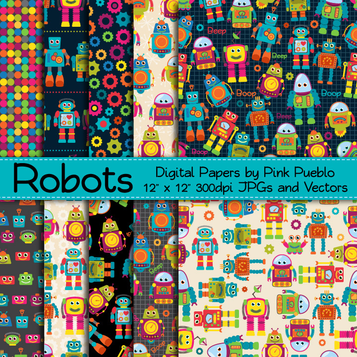 Seamless Robot Patterns or Papers, a Pattern Graphic by PinkPueblo