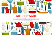 Kitchenware, kitchen utensils and tool banner | Food Illustrations ...