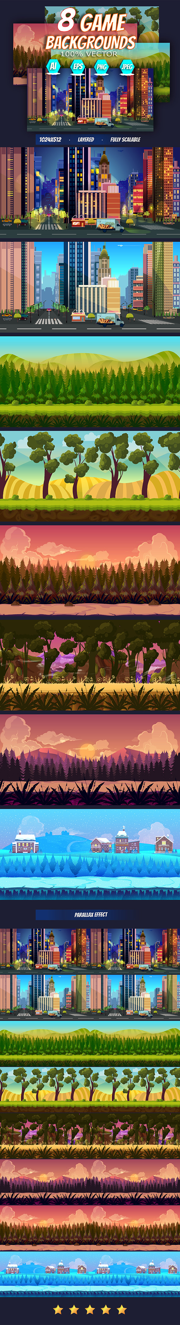 8 Level Game Backgrounds Set, an Illustration by 2dvillShop