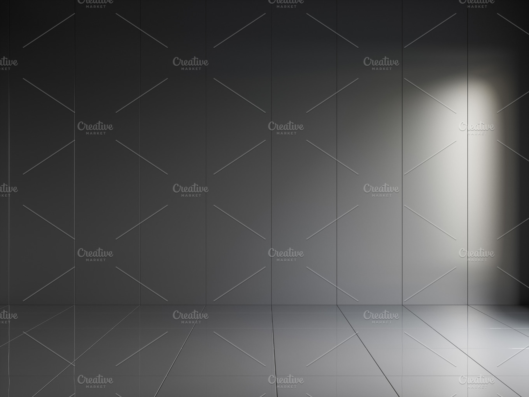3d render of black glossy interior with vertical panels on wall, an ...