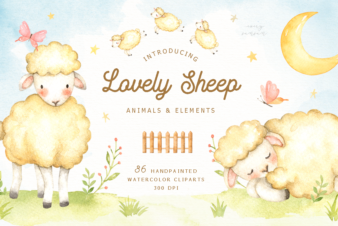 Lovely Sheep Watercolor Clip Art, an Animal Illustration by everysunsun