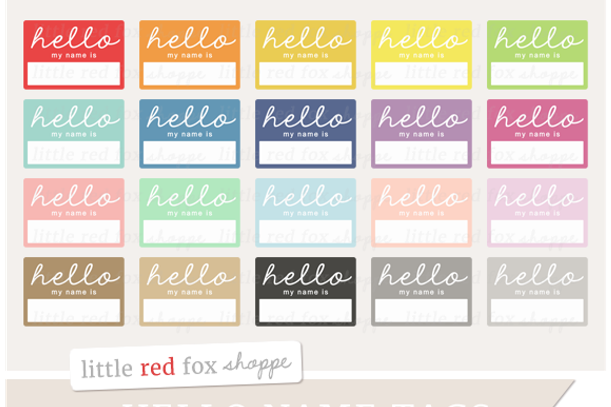 Hello Name Tag Clipart, a Work Illustration by Little Red Fox Shoppe