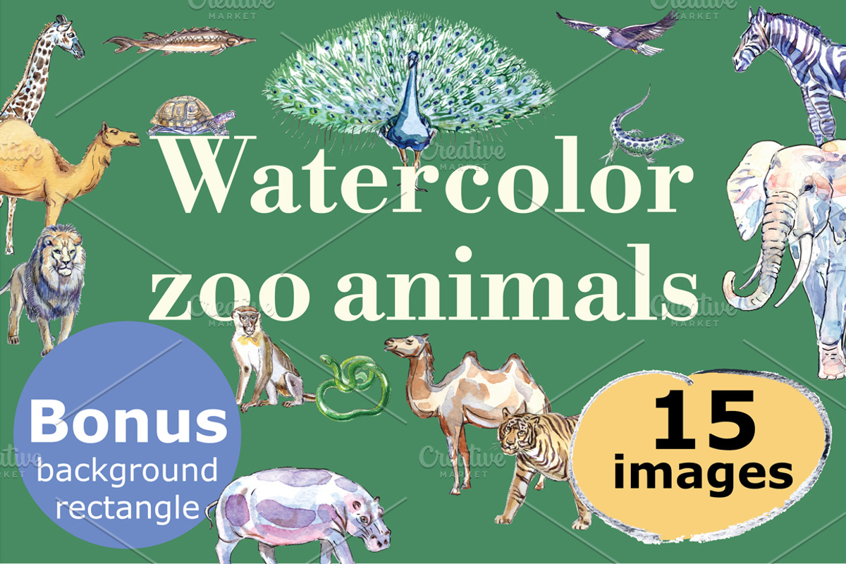 Watercolor zoo animals vector set, an Animal Illustration by miminoshka