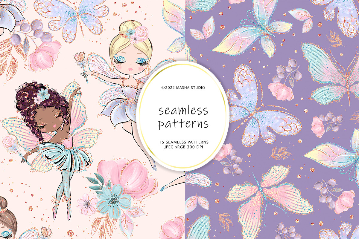 Fairies & Butterflies Digital Papers, a Pattern Graphic by Masha Studio