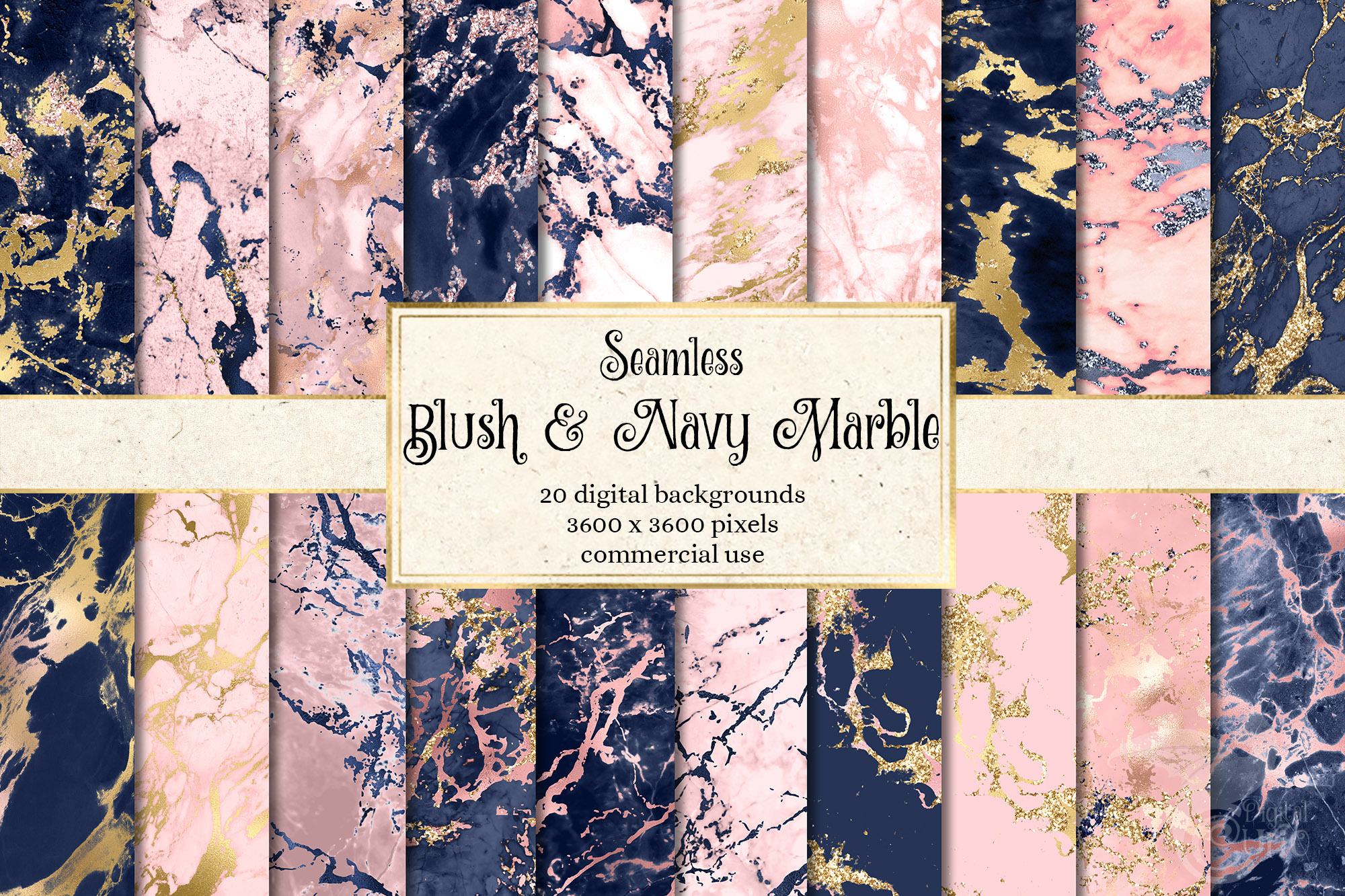Blush and Navy Marble Digital Paper, a Texture Graphic by Digital Curio