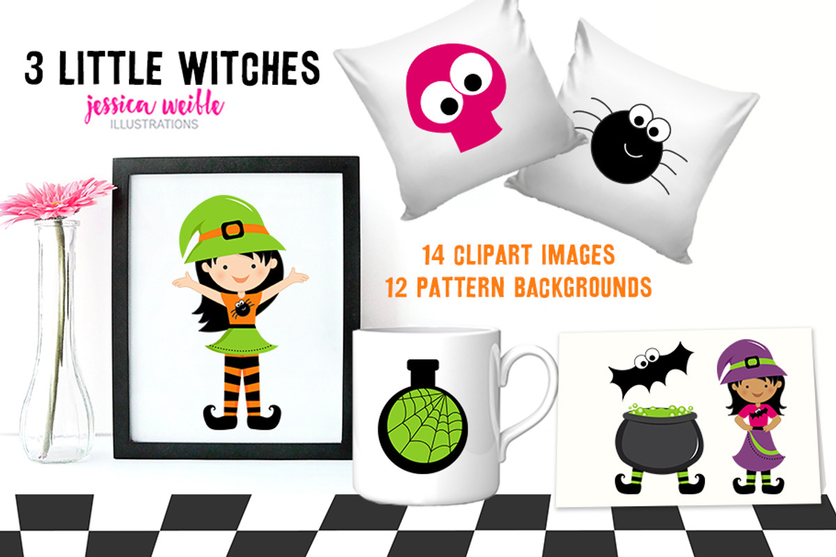 3 Little Witches Halloween Clipart, an Illustration by Jessica Weible ...