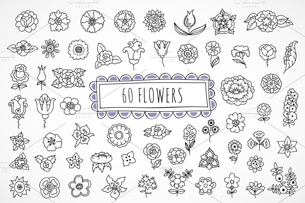 60 hand drawn flowers, an Illustration by Redchocolate