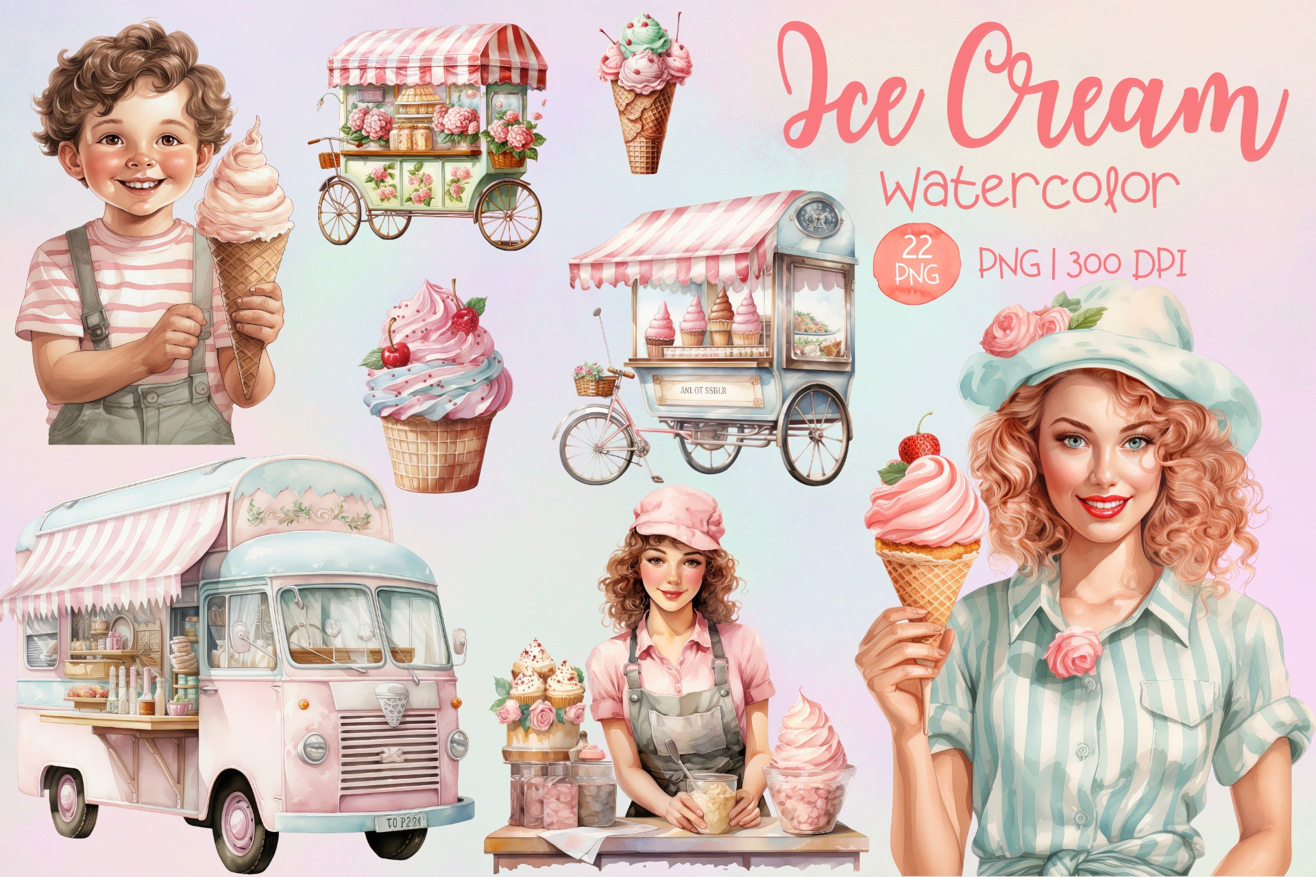 Ice Cream Watercolor Clipart PNG, a Decorative Illustration by Maysa Art