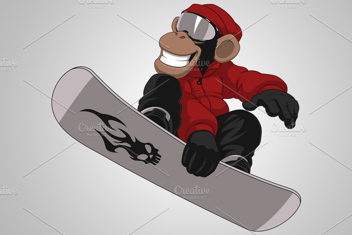 Funny Monkey Snowboarder, an Animal Illustration by Mark2000