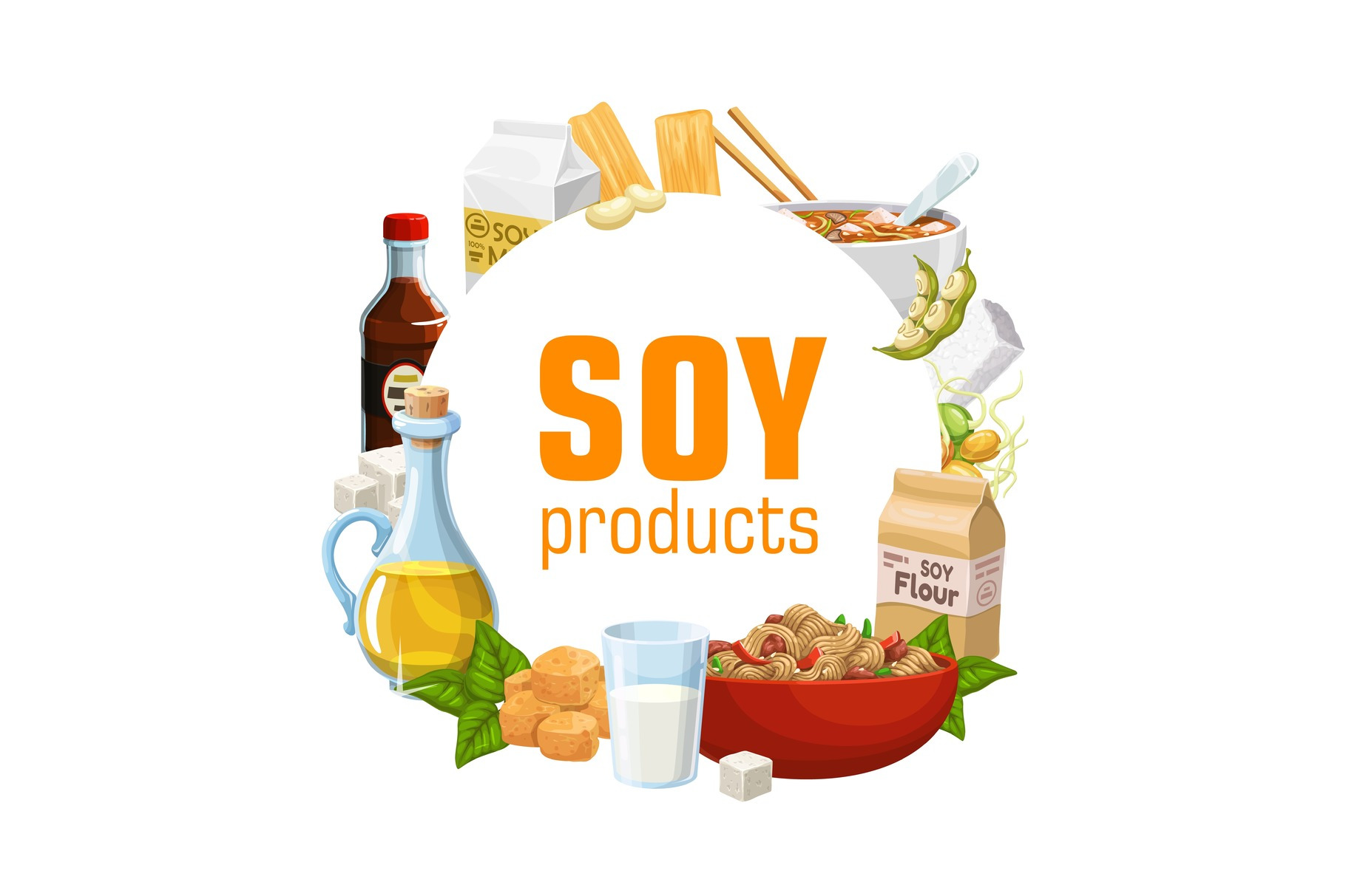 Soybean or soy bean food products, a Food Illustration by Vector Tradition