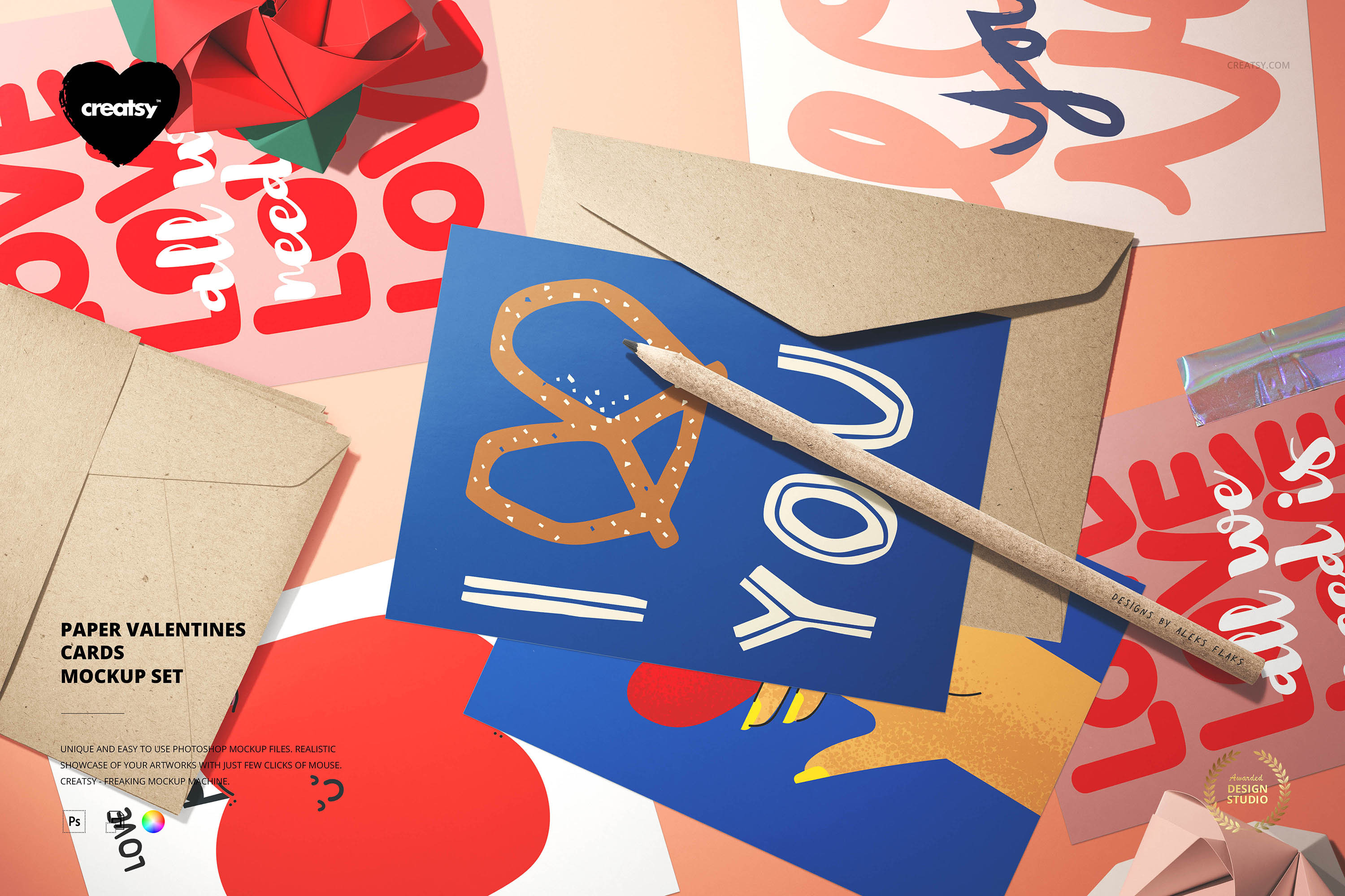 Paper Valentines Cards Mockup Set, a Product Mockup by creatsy5